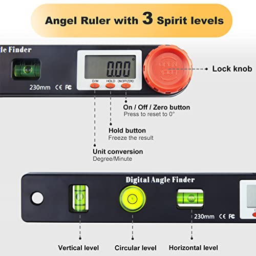 VOLCANOESÂ CLUB Digital Angle Finder Protractor - 7inch Angle Gauge Spirit Level Ruler with INCH/MM & Level Bubble Vials - 360 Degree Measuring Super Gauge Tool for Carpenter, Construction, Woodworking