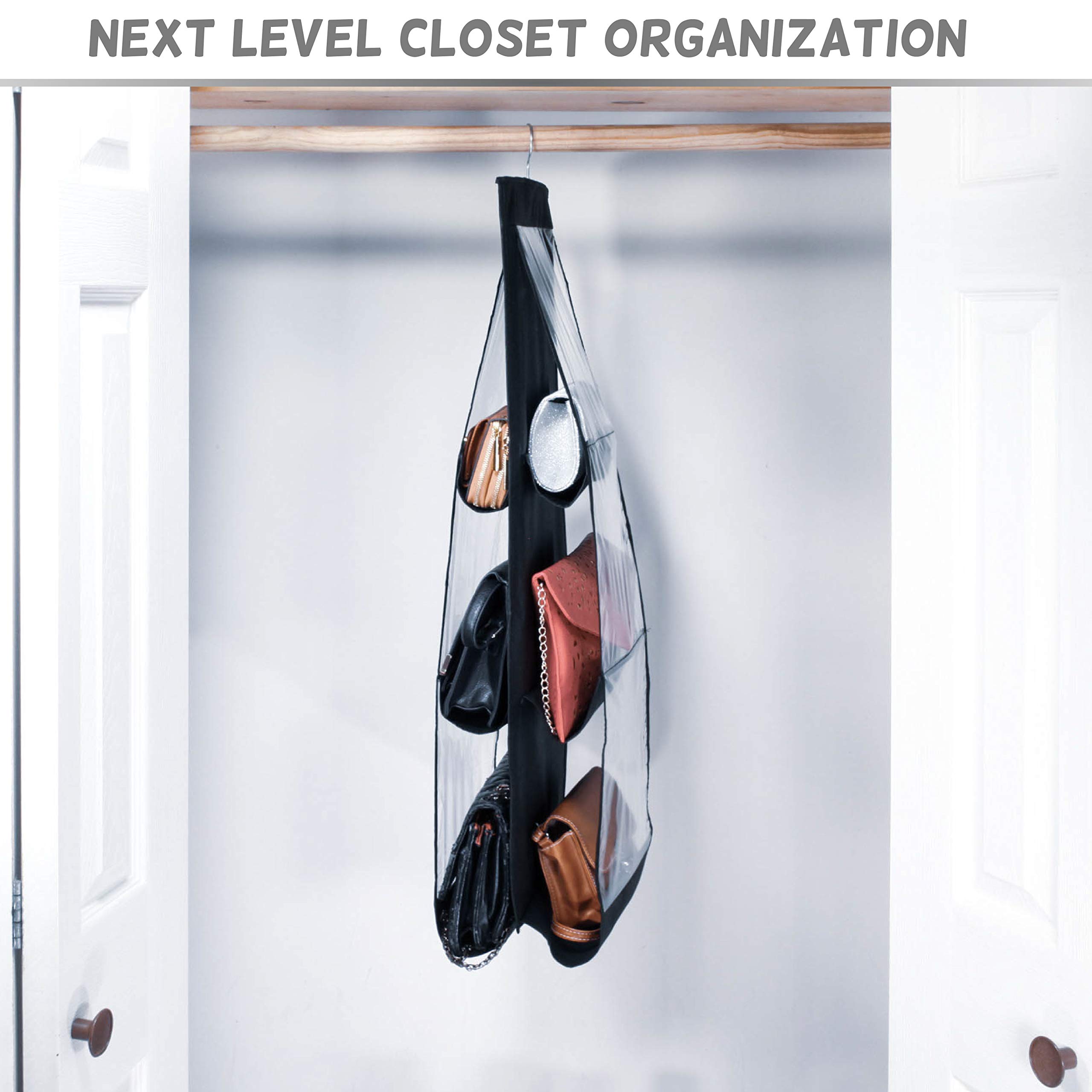 MIGHTY TIDY HOME New and Improved Size | Hanging Handbag Purse Organizer for Closet | 6 XL Shelves in Total | Space Saving Hand Bag Storage Holder for Wardrobe Closet (Black)