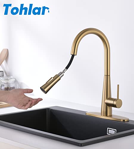 Tohlar Gold Kitchen Faucet, Kitchen Faucets with Pull Down Sprayer, Stainless Steel Single Handle Kitchen Faucet Fit for 1 or 3 Holes Kitchen Sink Faucet Gold Faucet for Kitchen Brushed Gold