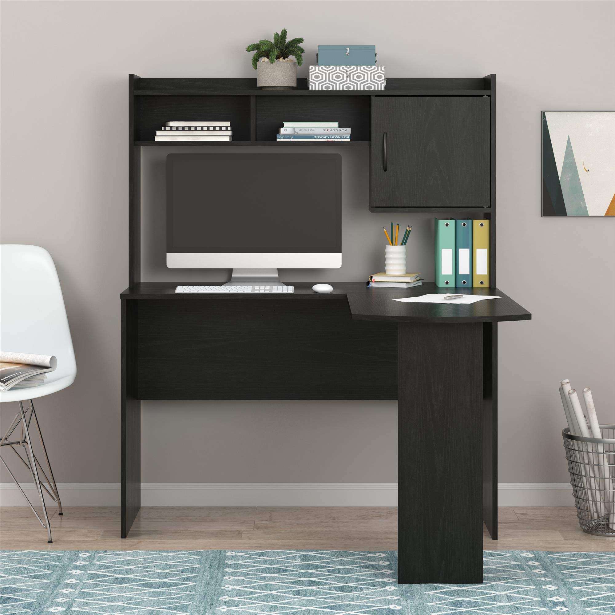 Mainstays Student Desk - Home Office Bedroom Furniture Indoor Desk - Easy Glide Accessory Drawer (Desk Only, Rodeo Oak) (L-Shaped Desk, Black Oak)