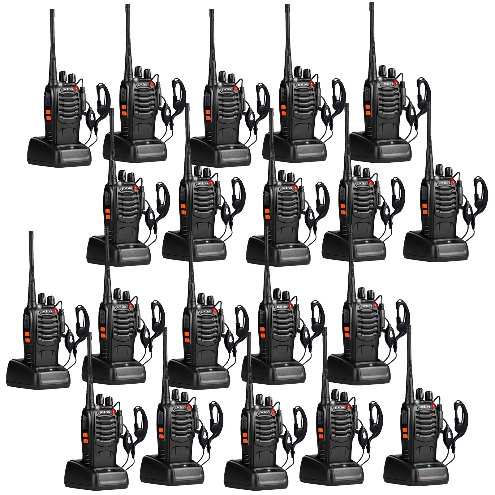 pxton 20 Pack walkie talkies Long Range with Headphone,walkie talkies for Adults,Handheld Portable Two Way Radios walkie Talkie Rechargeable Include Li-ion Battery and Charger Dock