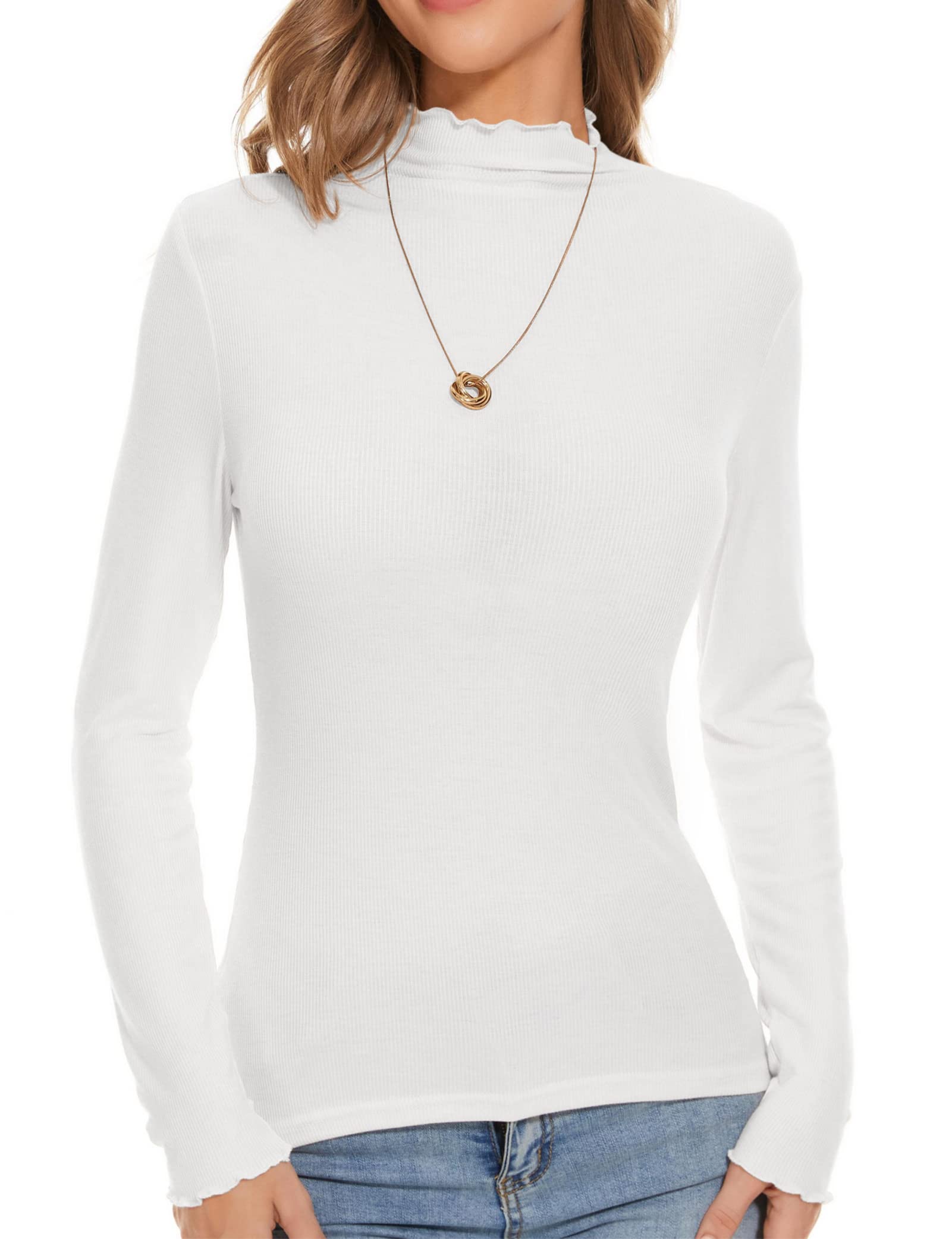 Turtleneck Women Long Sleeve Mock Necks Tops Ruffles Soft Thermal Underwear Spring Fashion 2023, White Large