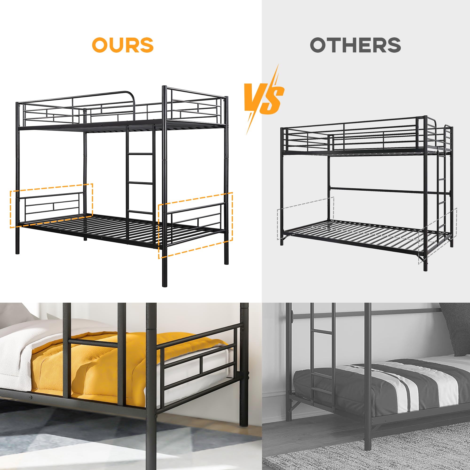 Merax Bunk Bed with Ladder and high Guardrail, Able to Split, Metal Bunk Bed, Storage Space, Noise Free,Twin Over Twin Size,Black
