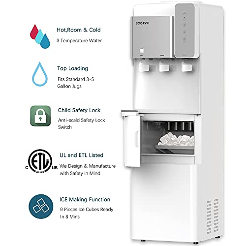 SOOPYK Hot and Cold Water Cooler Dispenser with Ice Maker for 5 Gallon Bottle Built-in Ice Maker 27 lbs in 24 hrs Perfect for Home Office