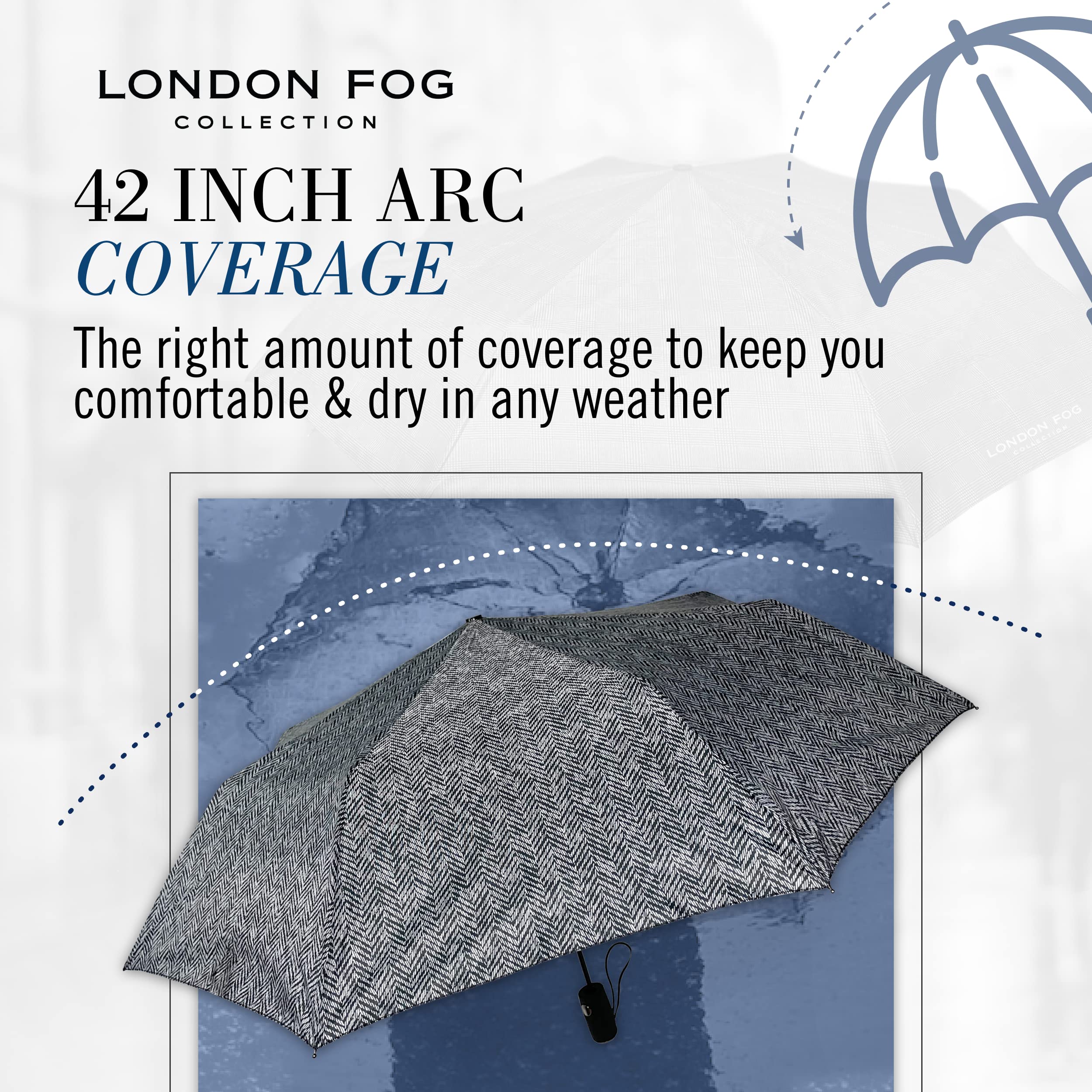 London Fog Mini Rain Umbrella, Automatic Folding Umbrella, Windproof, Lightweight and Packable for Travel, Full 42 Inch Arc, Herringbone