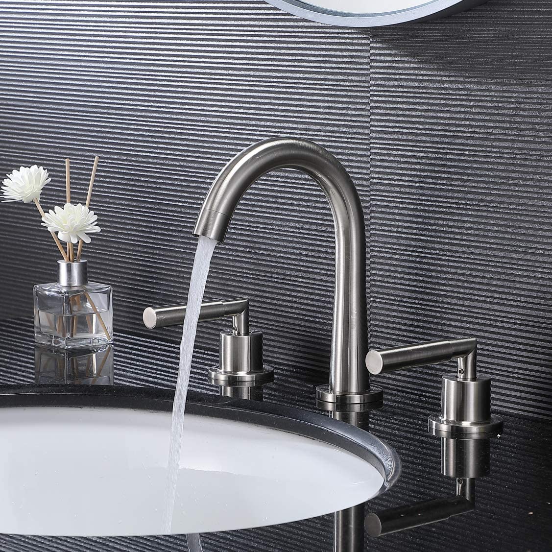 VESLA HOME Modern Brushed Nickel 3 Hole Bathroom Faucet Widespread, 2 Handle Lavatory Vanity Stainless Steel Bathroom Sink Faucet with Pop-up Drain and Water Hoses