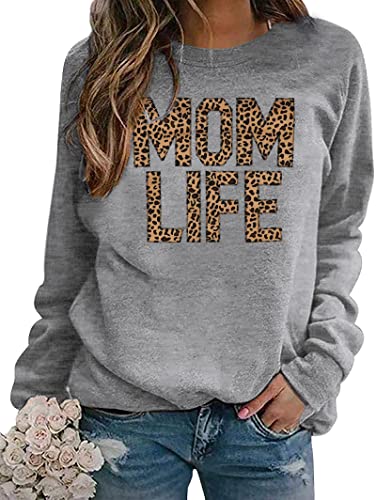 MOUSYA Mom Life Tops Women Mom Letter Printed Sweatshirt Leopard Graphic Casual Long Sleeve Crew Neck Pullover Tops (Medium, A_grey)