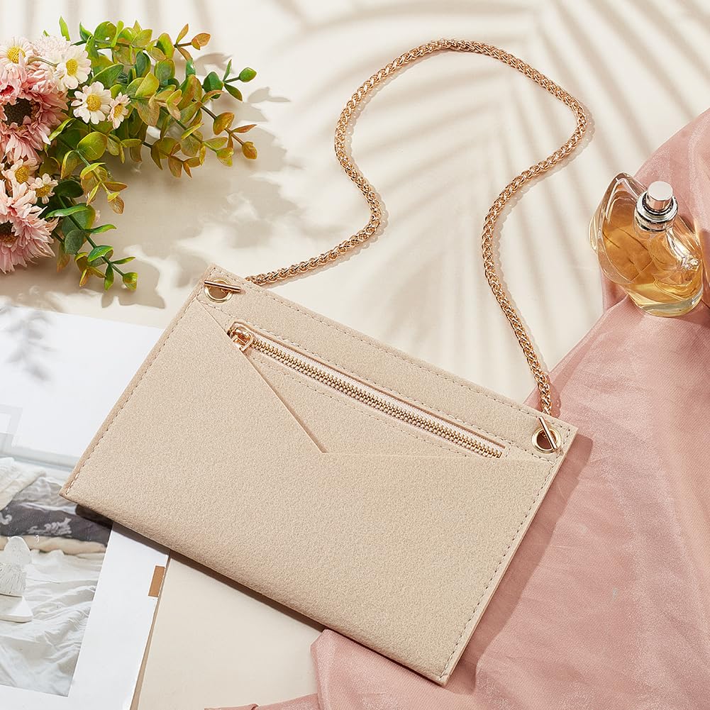 WADORN 1 Set Purse Organizer Insert Conversion Kit with Gold Chain, 8.62x6.1 Inch Felt Handbag Organizer Insert 24 Inch Chain Inner Pocket Liner Clutches Envelope Bag Handbag Convert Accessory, Beige