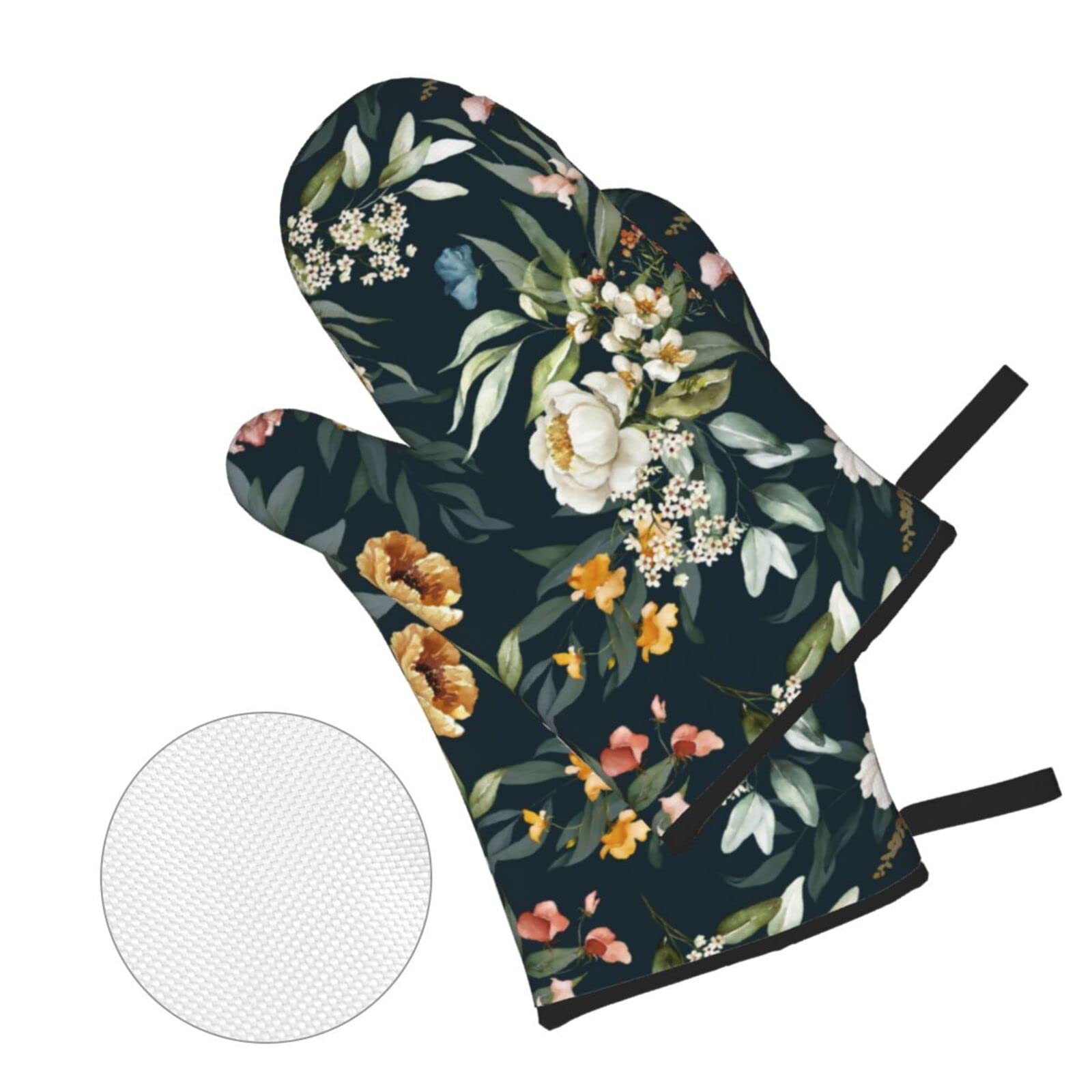 Oven Mitts and Pot Holders Sets 4 Piece, Floral Green Leaves Pattern Oven Gloves Heat Resistant Non-Slip for Kitchen Cooking Grilling Baking