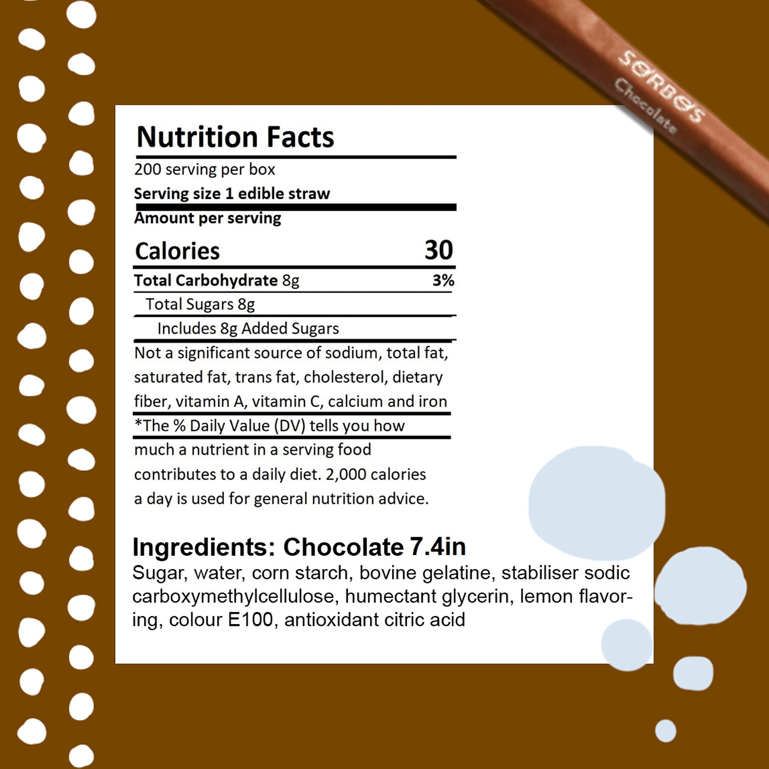 Sorbos Edible Straws, Chocolate Flavored, Sustainable, Individually Packaged, No Plastic, No Allergens, No Gluten, No PFAS, 100 Percent Biodegradable, 7.4 inches long (Pack of 200)