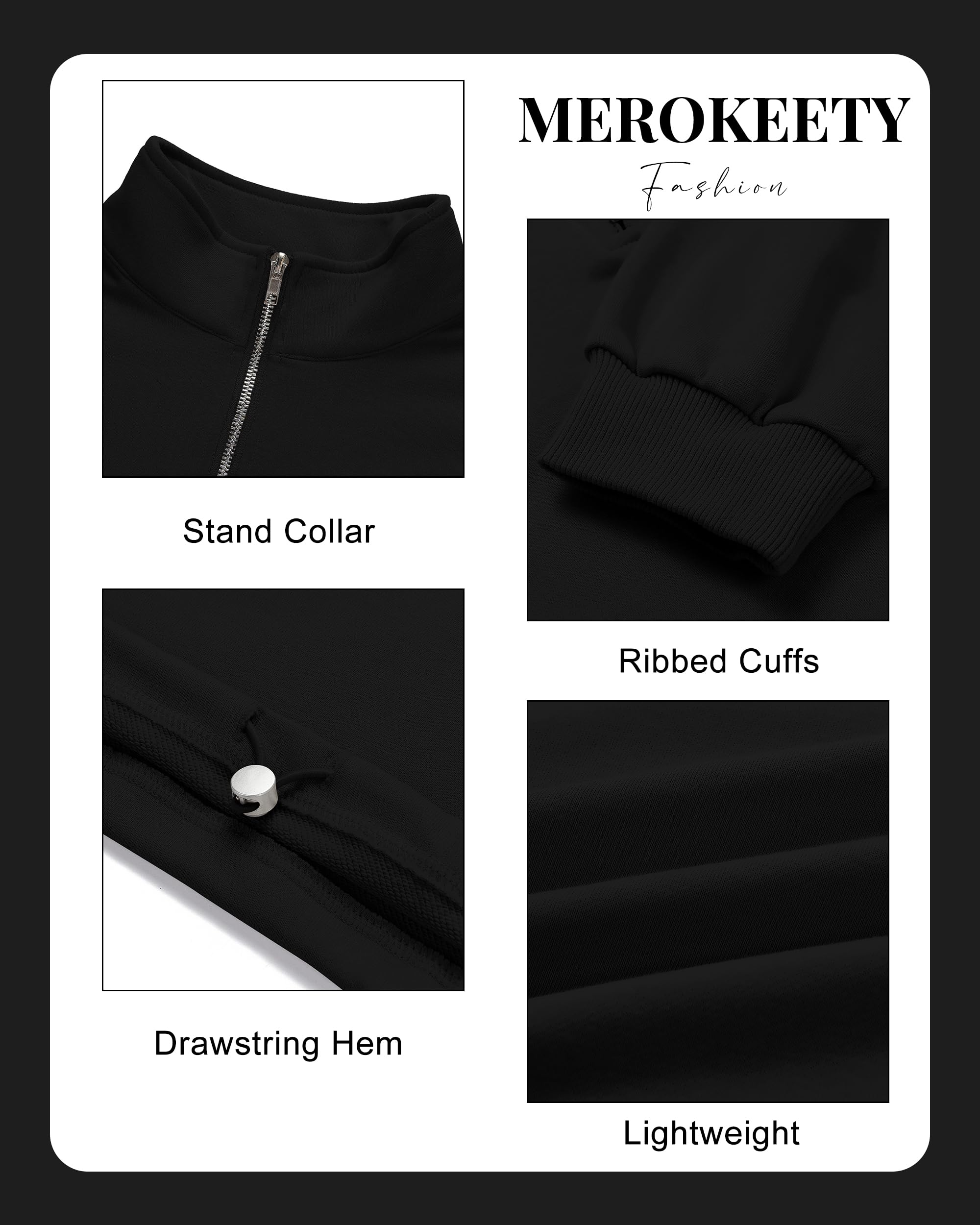 MEROKEETY Women's Quarter Zip Crop Sweatshirt Long Sleeve Stand Collar Drawstring Casual Pullover Top,Black,M