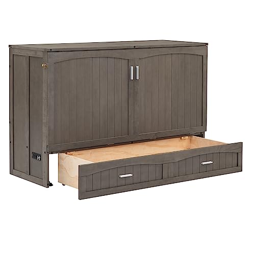 Merax Queen Cube Cabinet Space-Saving Murphy Bed with Drawer and Built-in Charging Station for Multipurpose Guest Room or Home Office, Antique Grey