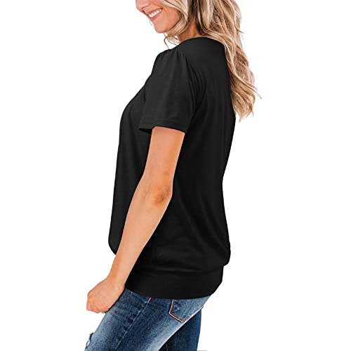 Short Sleeve Tunic Shirts for Women Casual Pleated Scoop Neck Summer Tops to Hide Belly Solid Color Blouses Black