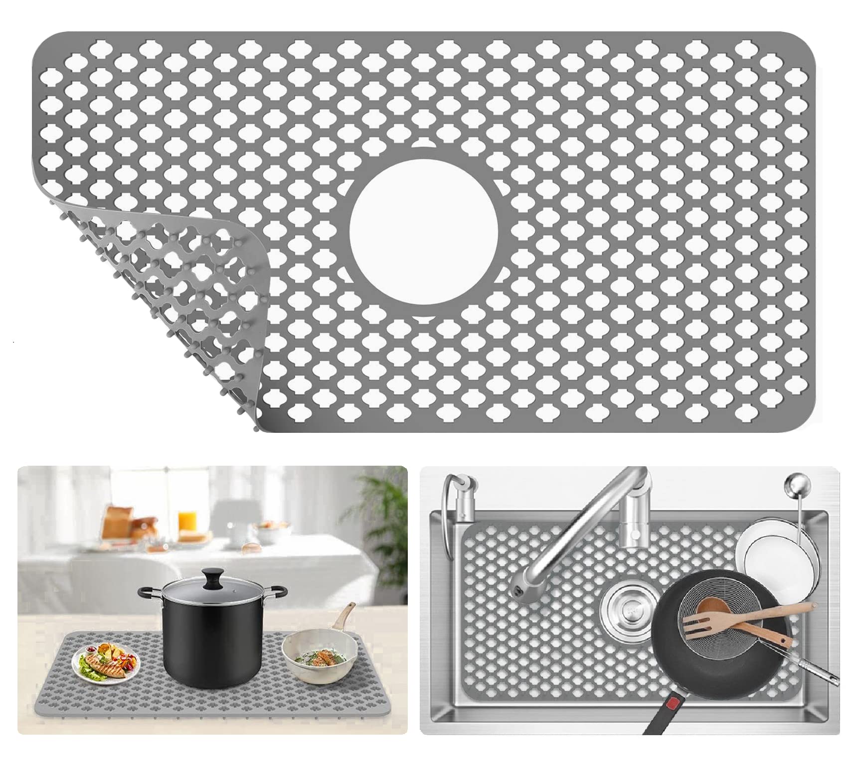 Silicone sink protectors for Kitchen with Center Drain, Grey Grid Accessory Non-slip Heat Resistant Folding mats Grates for Bottom, for Farmhouse Stainless Steel Porcelain Sink (24.8"x 12.9")