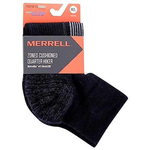 Merrell Men's and Women's Zoned Cushioned Wool Hiking Ankle Socks-Breathable Arch Support, Black, Medium-Large