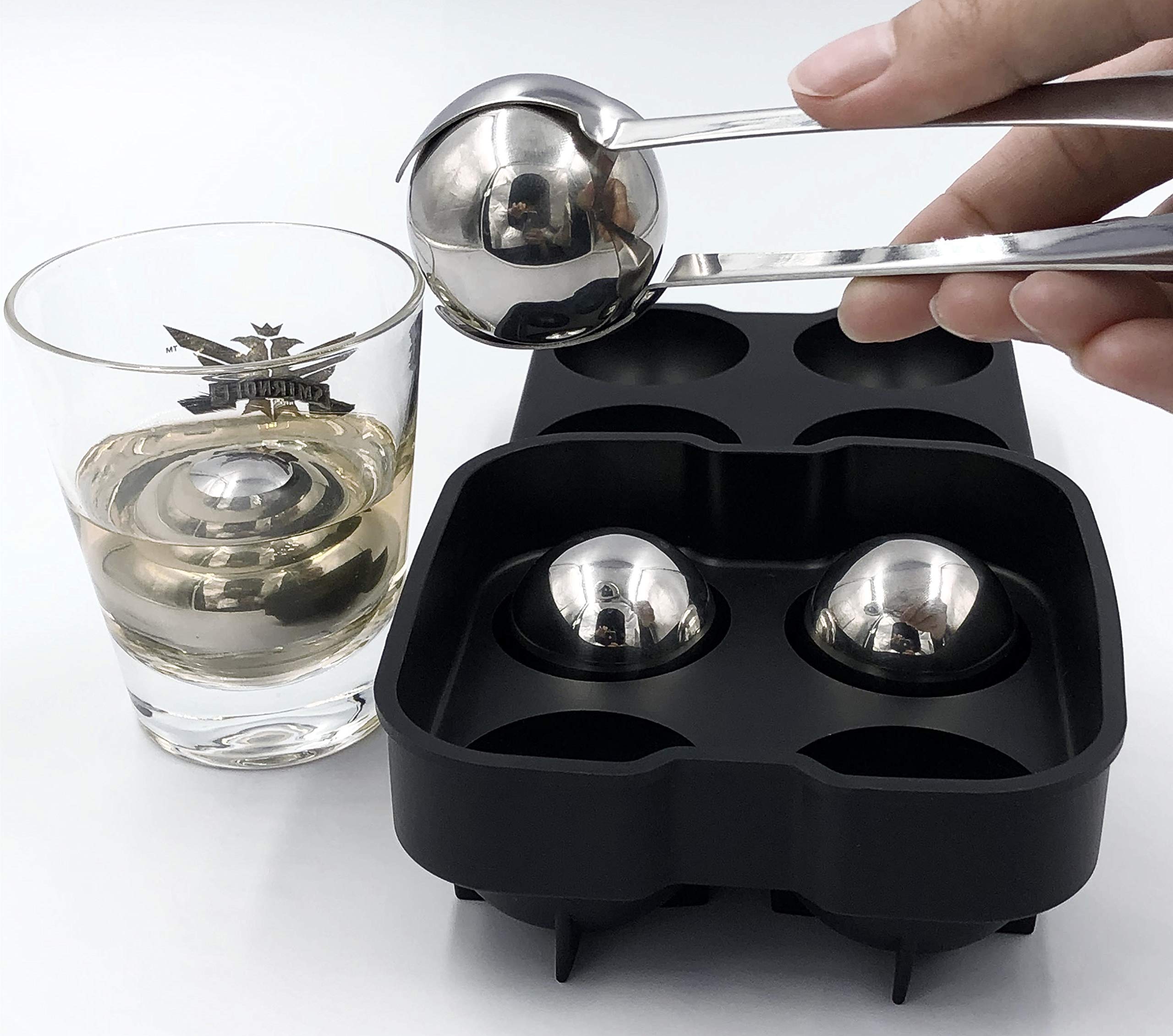 Stainless Steel Whiskey Stones, Beverage chilling Rocks, Reusable stainless steel ice balls with Sphere Ice ball tray. Total set of 7