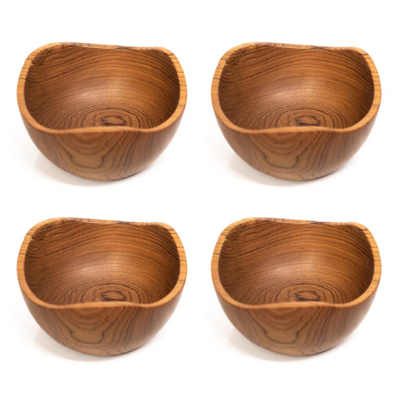 Rainforest Bowls Set of 4 6.5" Regular Wavy Curved Rim Javanese Teak Wood Bowls- Perfect for Everyday Use, Hot & Cold Friendly, Ultra-Durable- Premium Wooden Bowls Handcrafted by Indonesian Artisans