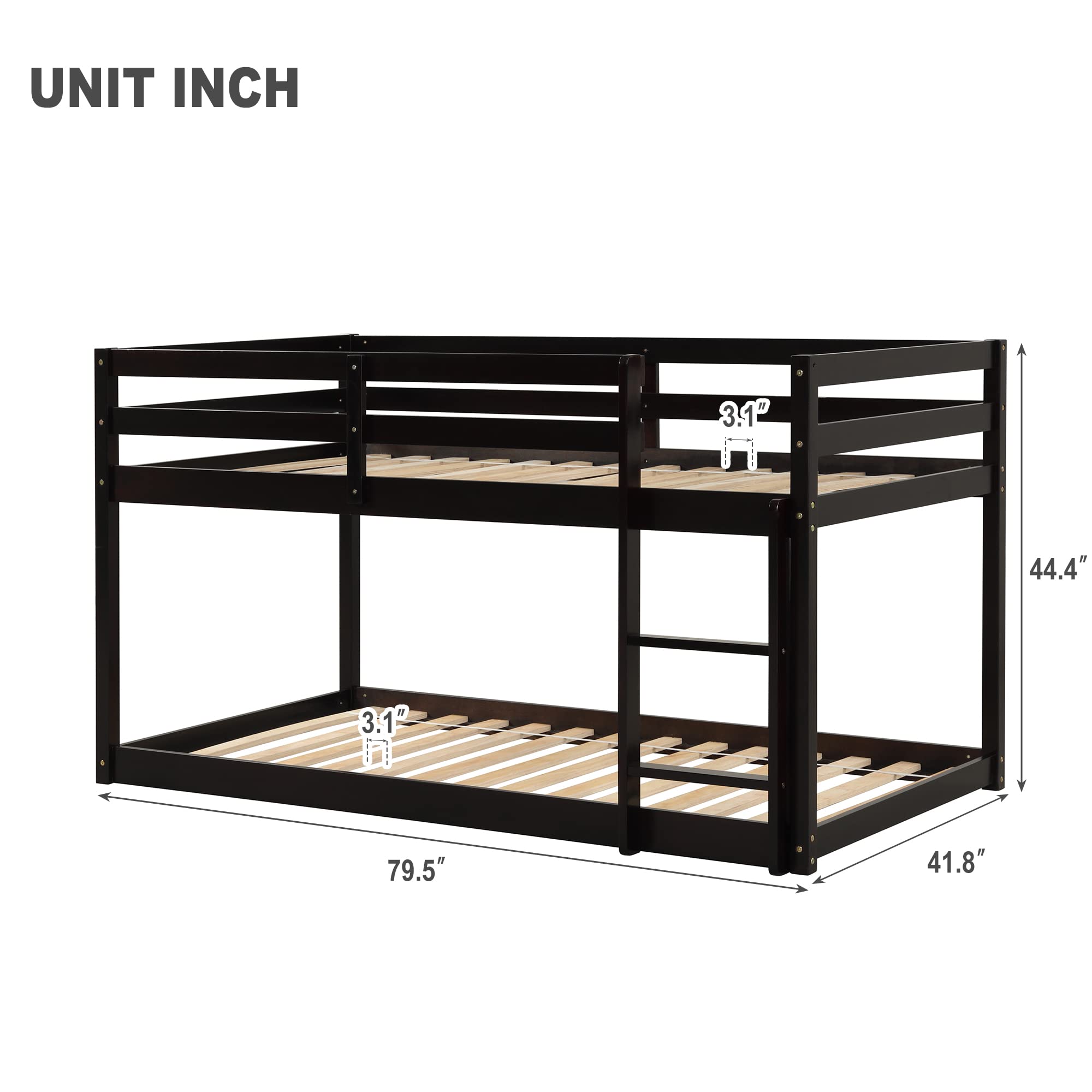 VilroCaz Twin Over Twin Floor Bunk Bed, Solid Wood Low Bunk Bed Frame with Built-in Ladder for Kids Teens Boys Girls, Strong Wood Slats Support (Espresso-K3)