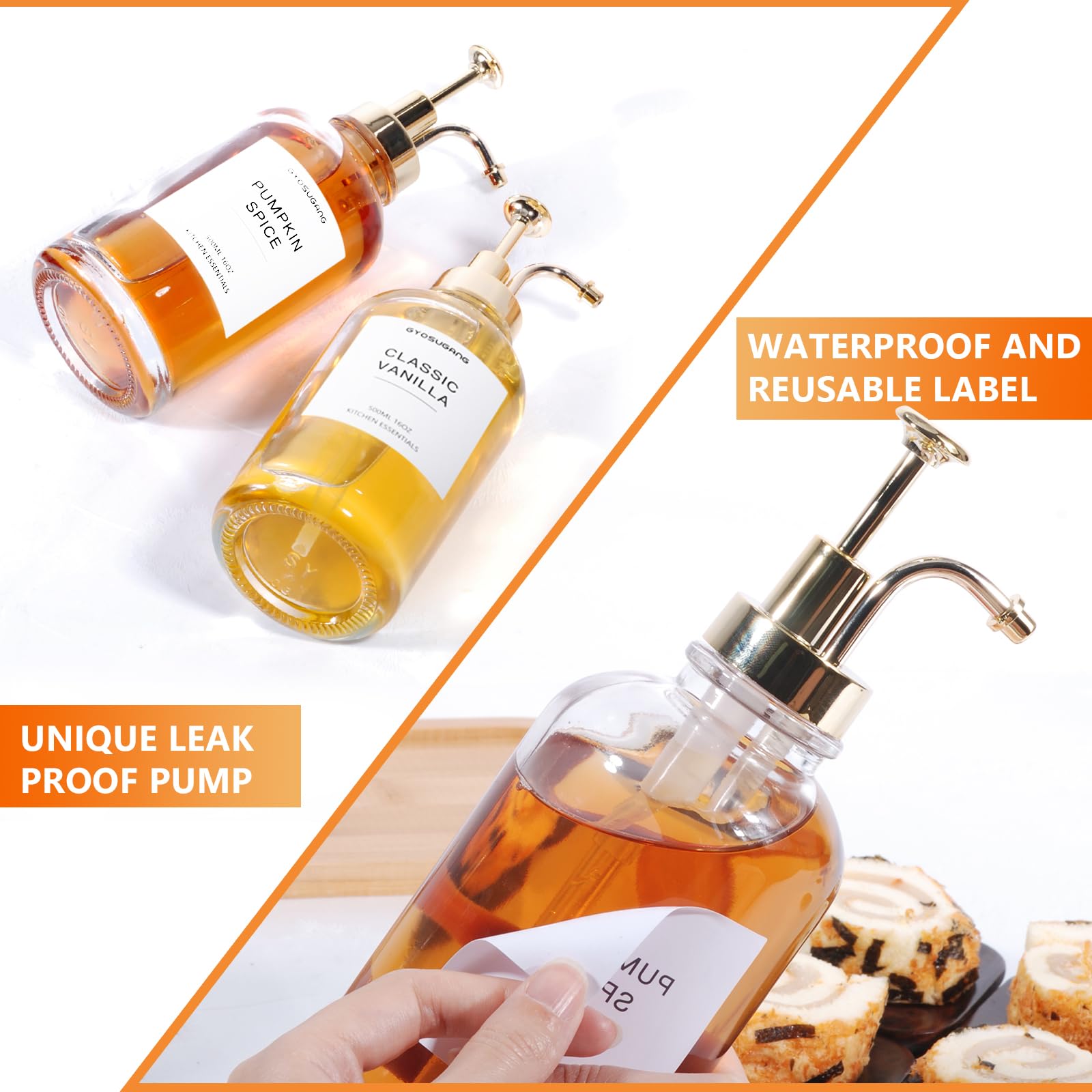 Syrup Dispenser, Coffee Syrup Dispenser for Coffee Bar, Simple Glass Syrup Bottle w 84 Labels and Bamboo Tray, Syrup Pump Dispenser 16.9 oz 500 ml, Set of 2, Gold, Coffee Bar Accessory