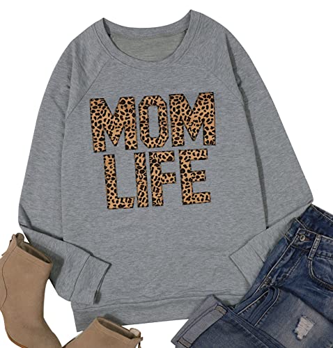 MOUSYA Mom Life Tops Women Mom Letter Printed Sweatshirt Leopard Graphic Casual Long Sleeve Crew Neck Pullover Tops (Medium, A_grey)