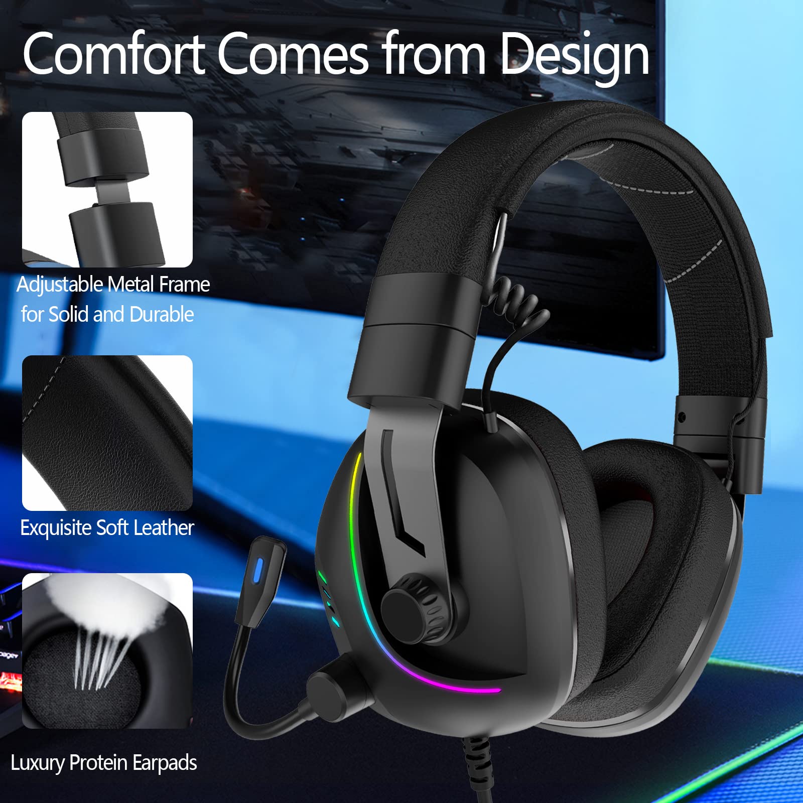 Stereo Gaming Headset with Noise Cancelling Microphone Over Ear Headphones, LED Light, Bass Surround, Soft Memory Earmuffs Portable Foldable -for PC, PS4, PS5, Xbox One, Switch (Black)