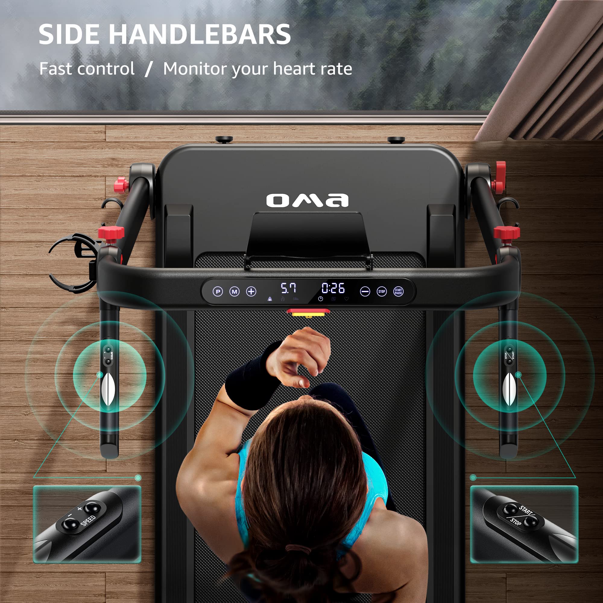 OMA 1012EB Folding Treadmill for Small Spaces Foldable Portable Compact Walking Running Treadmills for Home Gym with 2.25HP 300lb Weight Capacity 48"x17.7" Extended Belt IPad Holder 36 Preset Programs