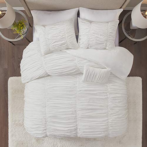 Madison Park Comforter Set-Textured Luxury Design All Season Down Alternative Bedding, Matching Sham, Decorative Pillows, King (104 in x 92 in), Delancey, Cotton Ruched White, 4 Piece