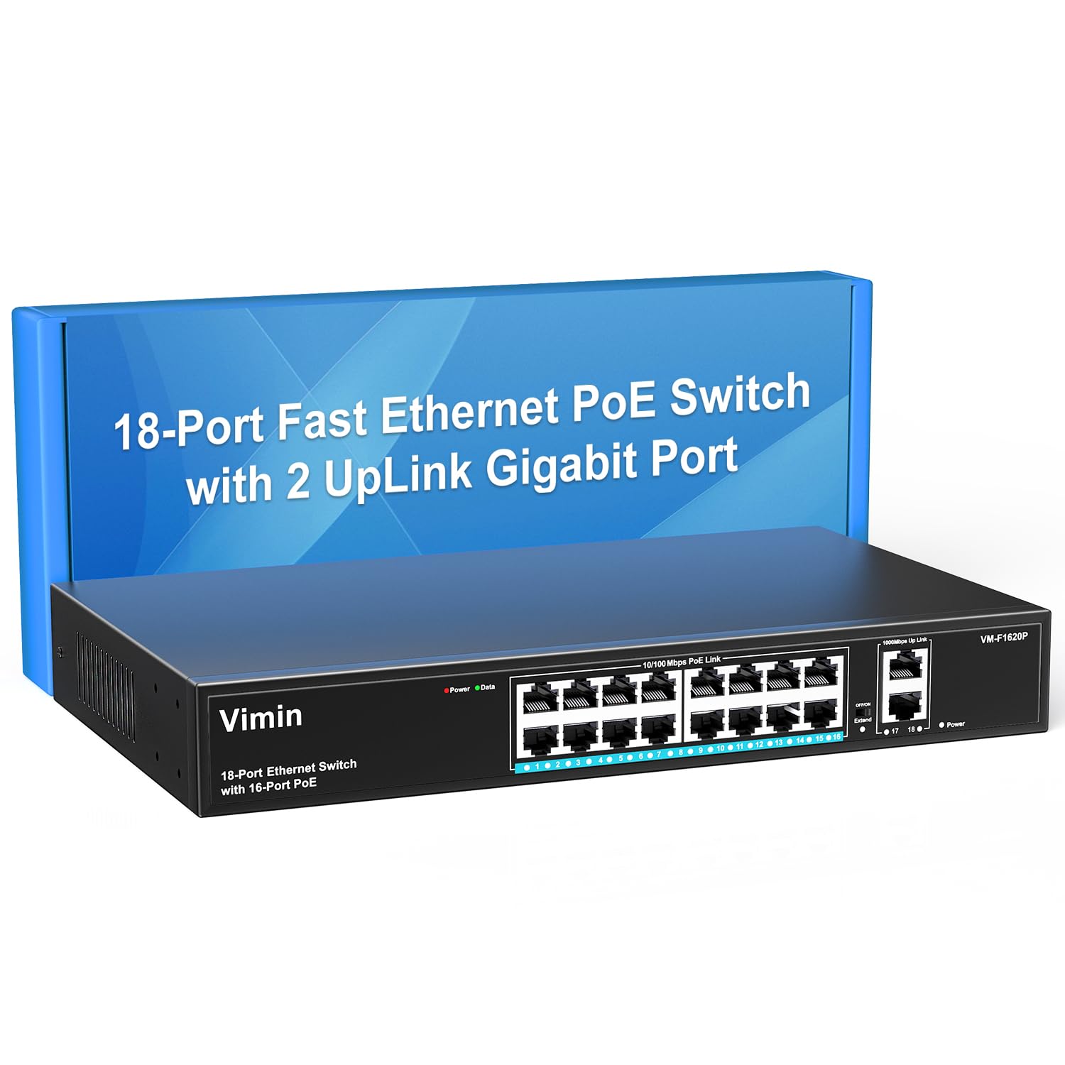 VIMIN 18 Port PoE Switch with 2 Gigabit Uplink Ports, 16 Port 10/100Mbps PoE Ethernet Network Switch Unmanaged Support IEEE802.3af/at, Extend 250m, Vlan, 250W PoE Budget, Metal Case, Rackmount