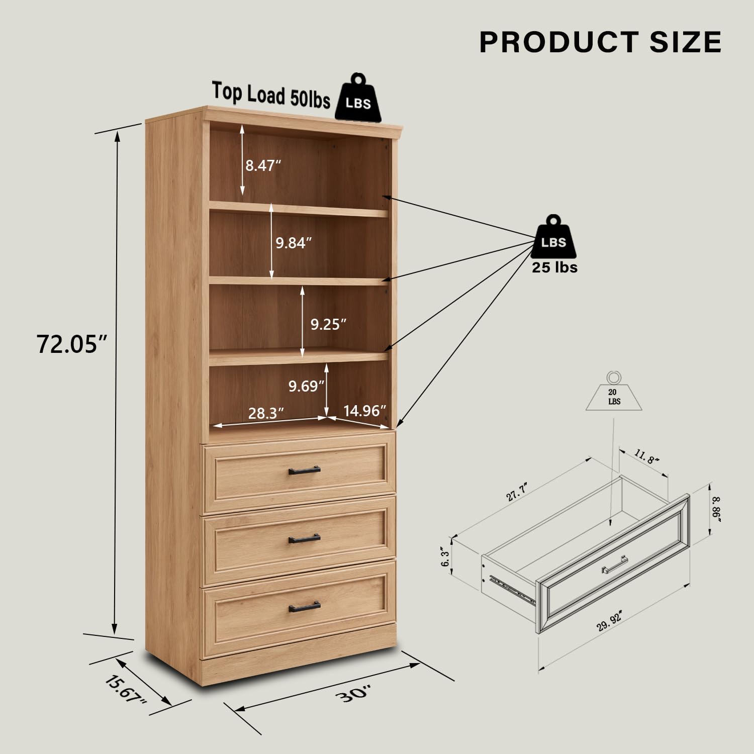 vimitty 72" Tall Bookshlef with 3 Drawers, Farmhouse 4-Tier Bookcase with Adjustable Shlef, Wooden Storage Cabinet for Living Room, Kitchen, Home Office, Dining Room, Natural