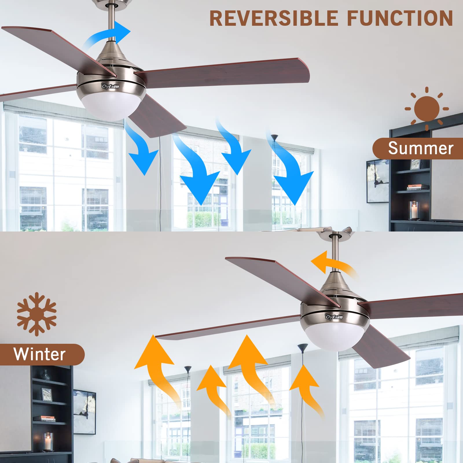 Ovlaim Quiet DC Motor 48 Inch Wood Ceiling Fan with Lights Remote Control for Bedroom Living Room, 4 Blades Brown