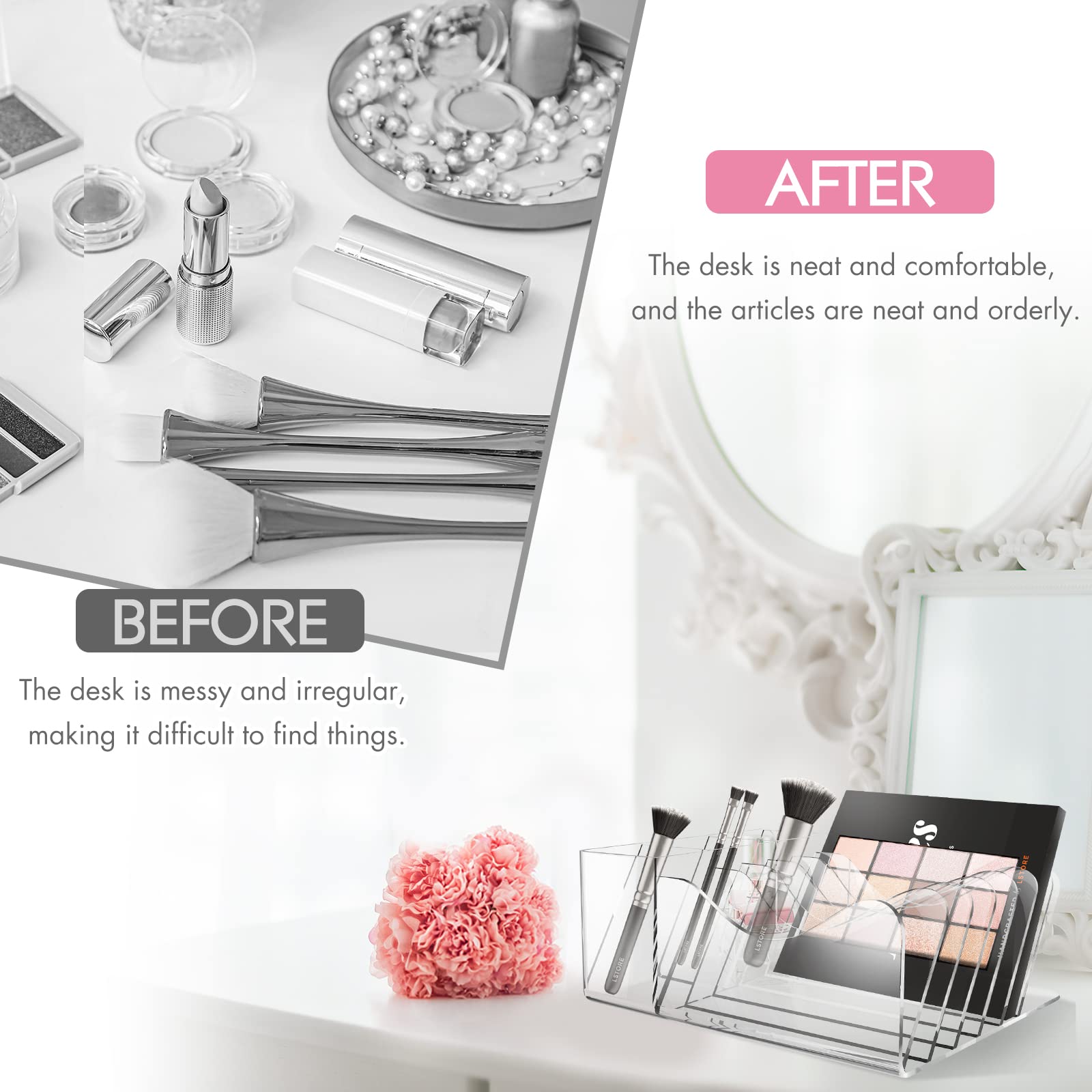 WAOMIN Clear Makeup Brush Holder Organizer, 4-Section Divided Eyeshadow Palette Organizer (Plastic)