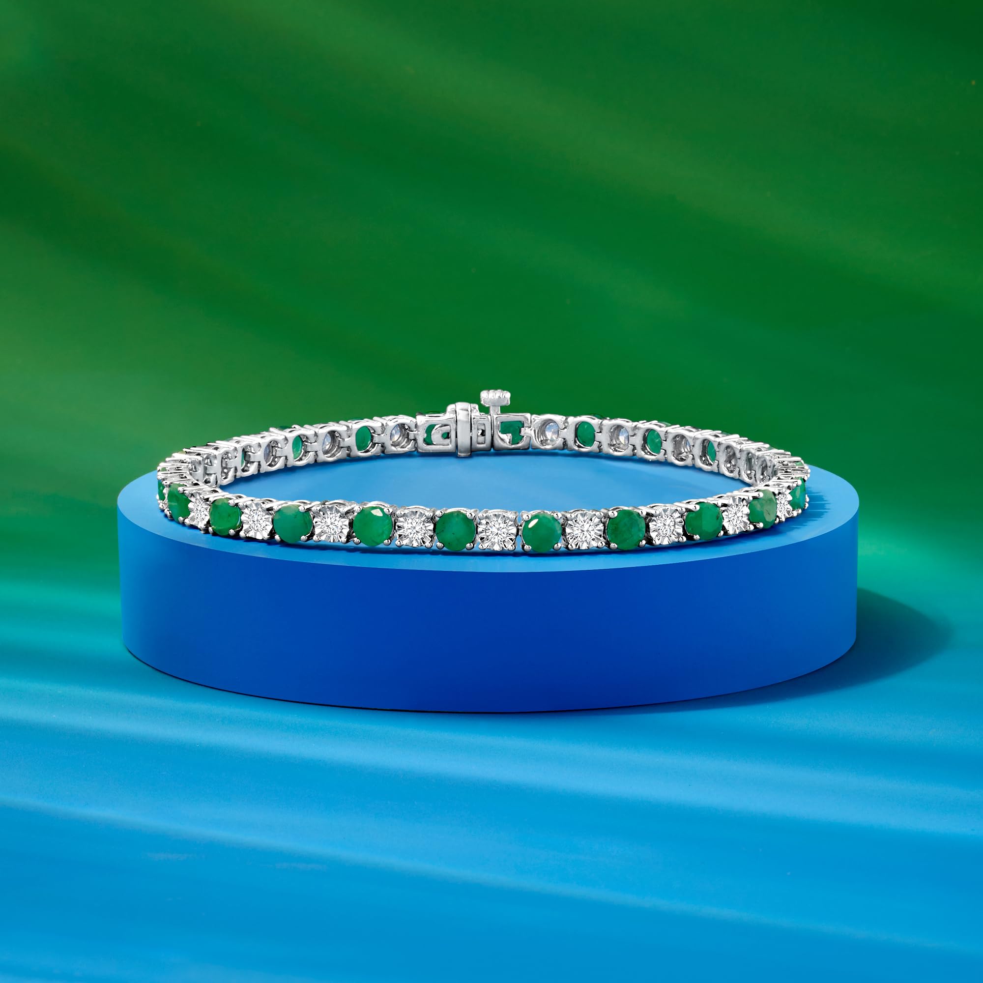 Ross-Simons 5.50 ct. t.w. Emerald and 1.20 ct. t.w. Diamond Tennis Bracelet in Sterling Silver. 8 inches