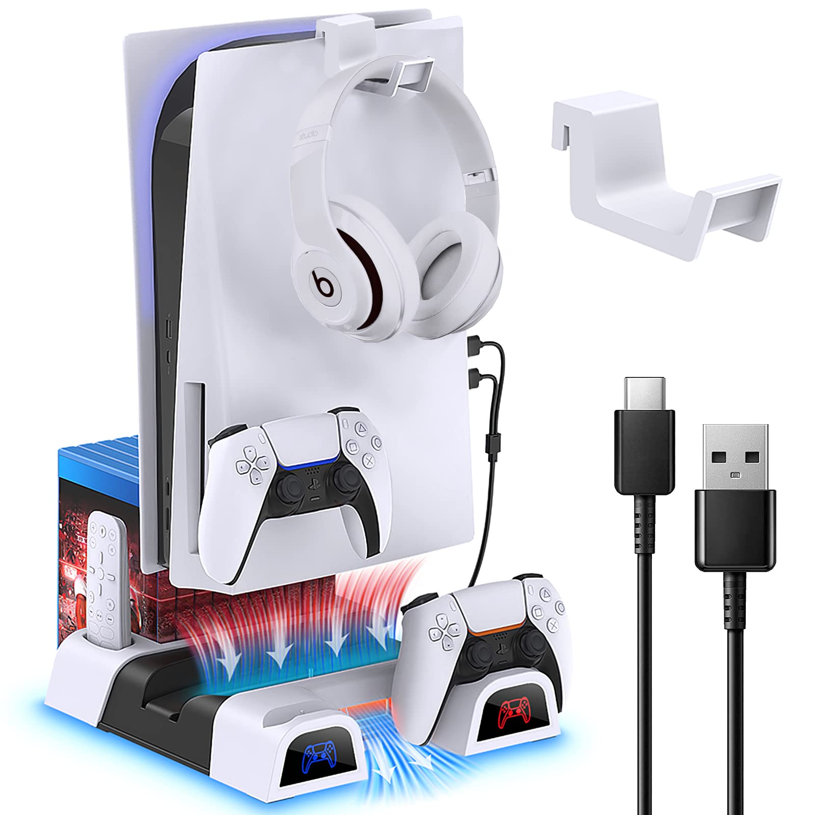 PS5 Cooling Station, Cooling Stand with Suction Cooling Fan and Dual Controller Charger Station for Playstation 5 PS5 Console, with Charging Dock Station and 11 Games Storage- 2 IN1 Cable Included