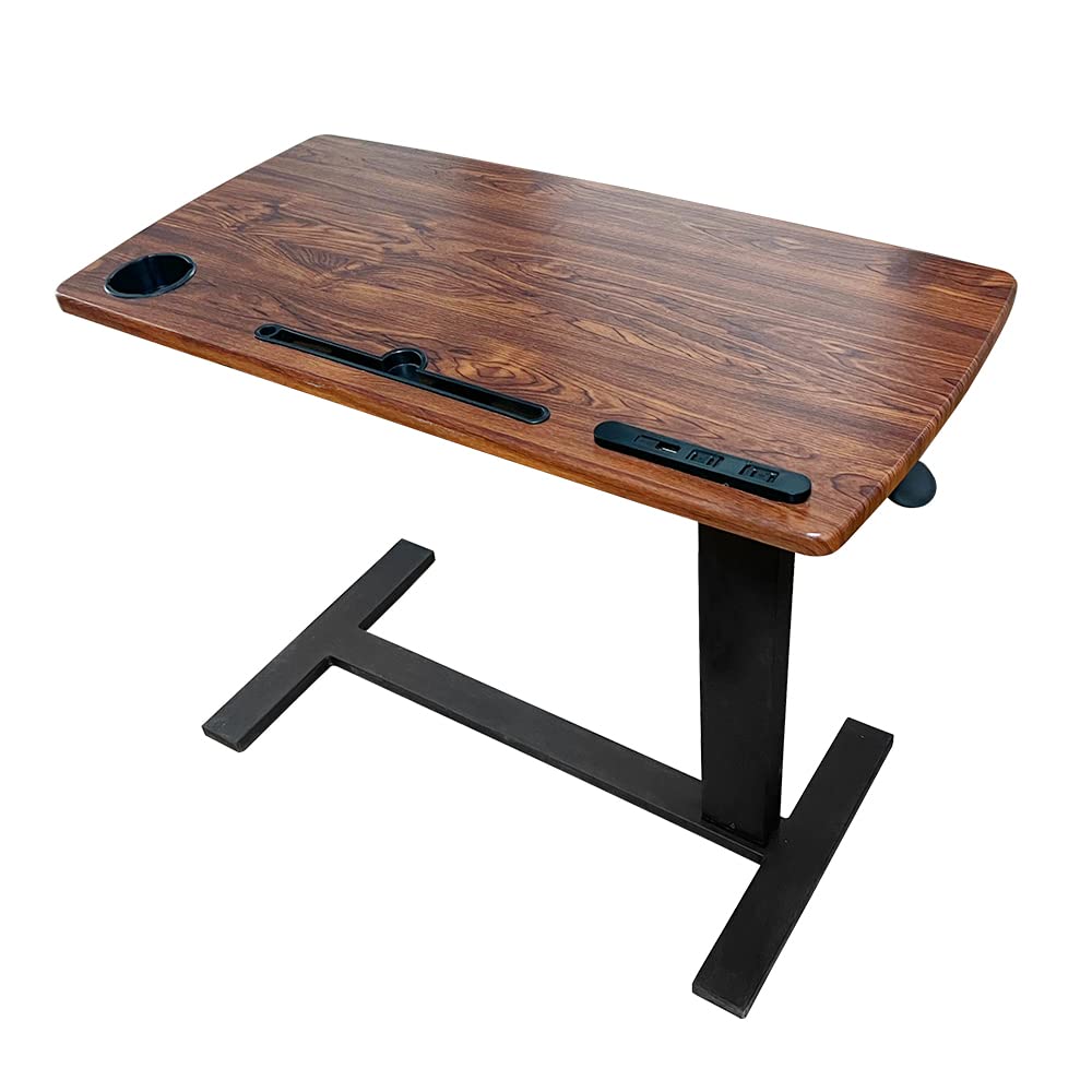 Over bed Table Pneumatic Adjustable Height Stand Desk with hidden wheels USB Ports Pad slot Mobile Laptop Standing Desk Cart, Podium table (Wanult, 32X16 inshes)