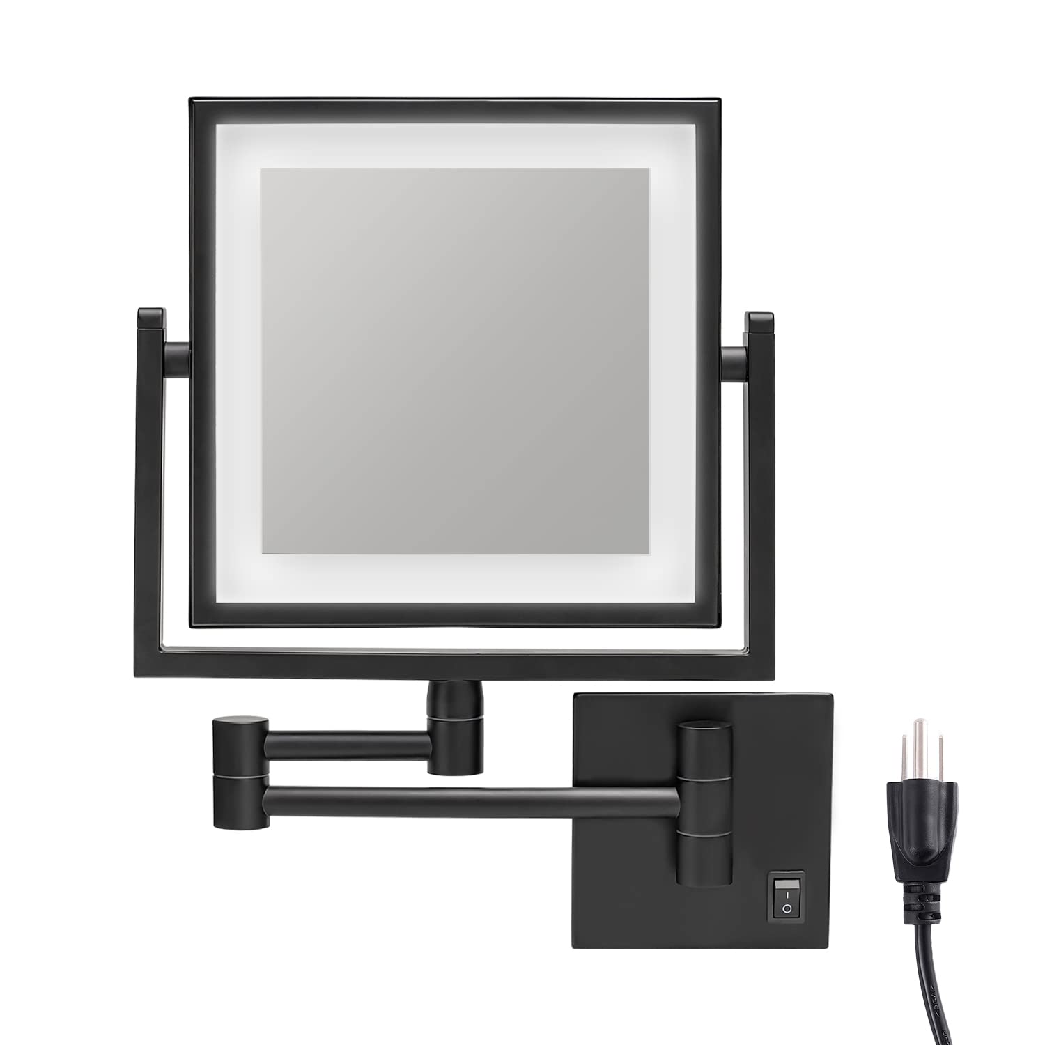 Wall Mounted Lighted Makeup Mirror, 8 Inch 1X/3X Magnifying Vanity Mirror, Double Sided Bathroom Mirror with LED Lights, 360°Swivel, Extend, Retractable Shaving Light up Mirror (Black)