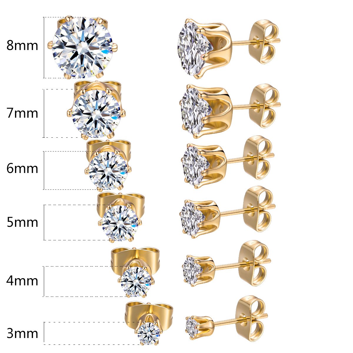 MDFUN 14K Yellow Gold Plated Round Clear Cubic Zirconia Stud Earring Pack of 6 Pairs (6 Pairs)
