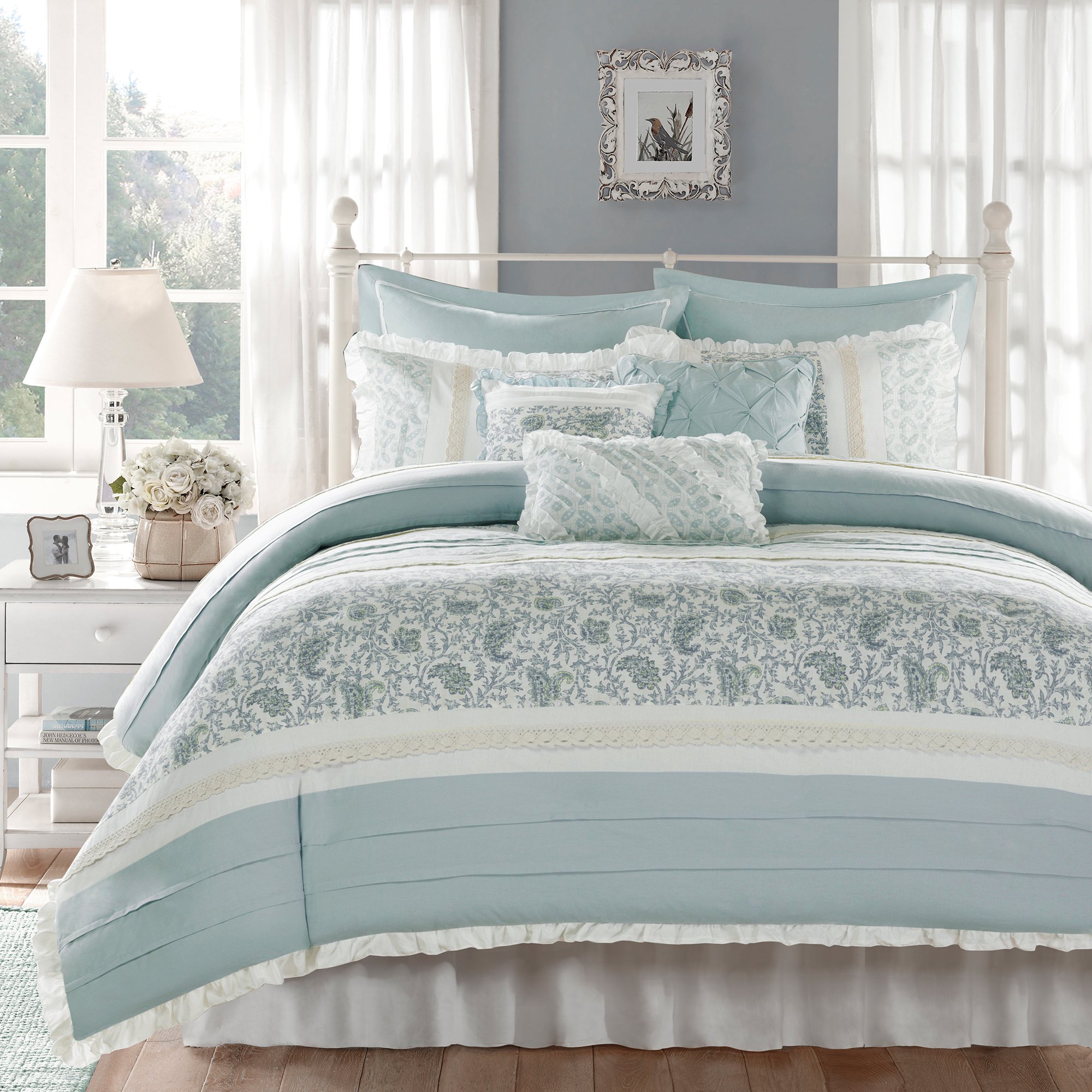 Madison Park Dawn 100% Cotton Duvet Set Floral Shabby Chic Design All Season Comforter Cover Bedding, Matching Shams, Percale Light Weight Bed Comforter Covers, King(104"x92"), Blue 9 Piece , Aqua