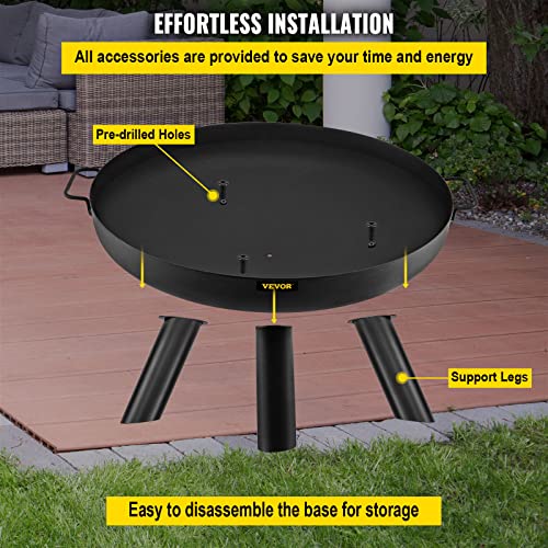 VEVOR Fire Pit Bowl, 30-Inch Deep Round Carbon Steel Fire Bowl, Wood Burning for Outdoor Patios, Backyards & Camping Uses, with A Drain Hole, Portable Handles and A Firewood Stick, Black