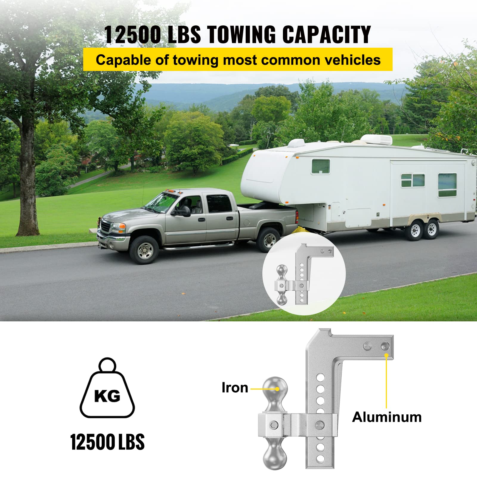 VEVOR Adjustable Trailer Hitch, Fits 2" Receiver, 8" Drop Ball Mount Hitch w/ Forged Aluminum Shank & Two Iron Balls, 12500 LBS Towing Capacity for Most Common Needs, Dual Locking Pins Included