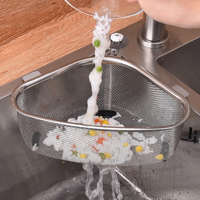 Stainless Steel sink drain basket, Kitchen Food Waste Leftovers Food Catcher Garbage, Corner Kitchen Sink Strainer Basket for Draining Residuum, Drip Drying Sponge (1Pcs)