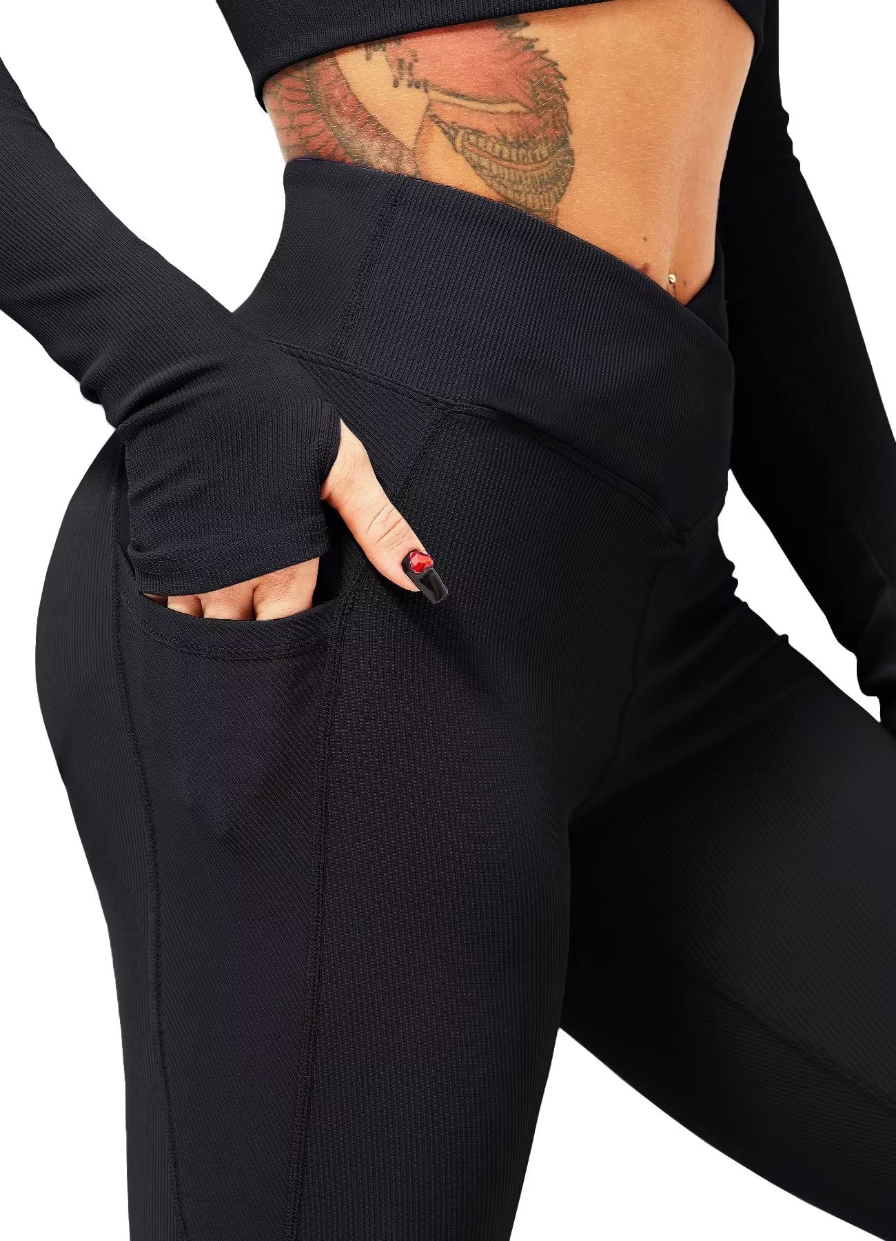 TZLDN Leggings for Women Tummy Control Crossover High Waisted Ribbed Gym Workout Yoga Pants with Side Pockets Black - X-Large