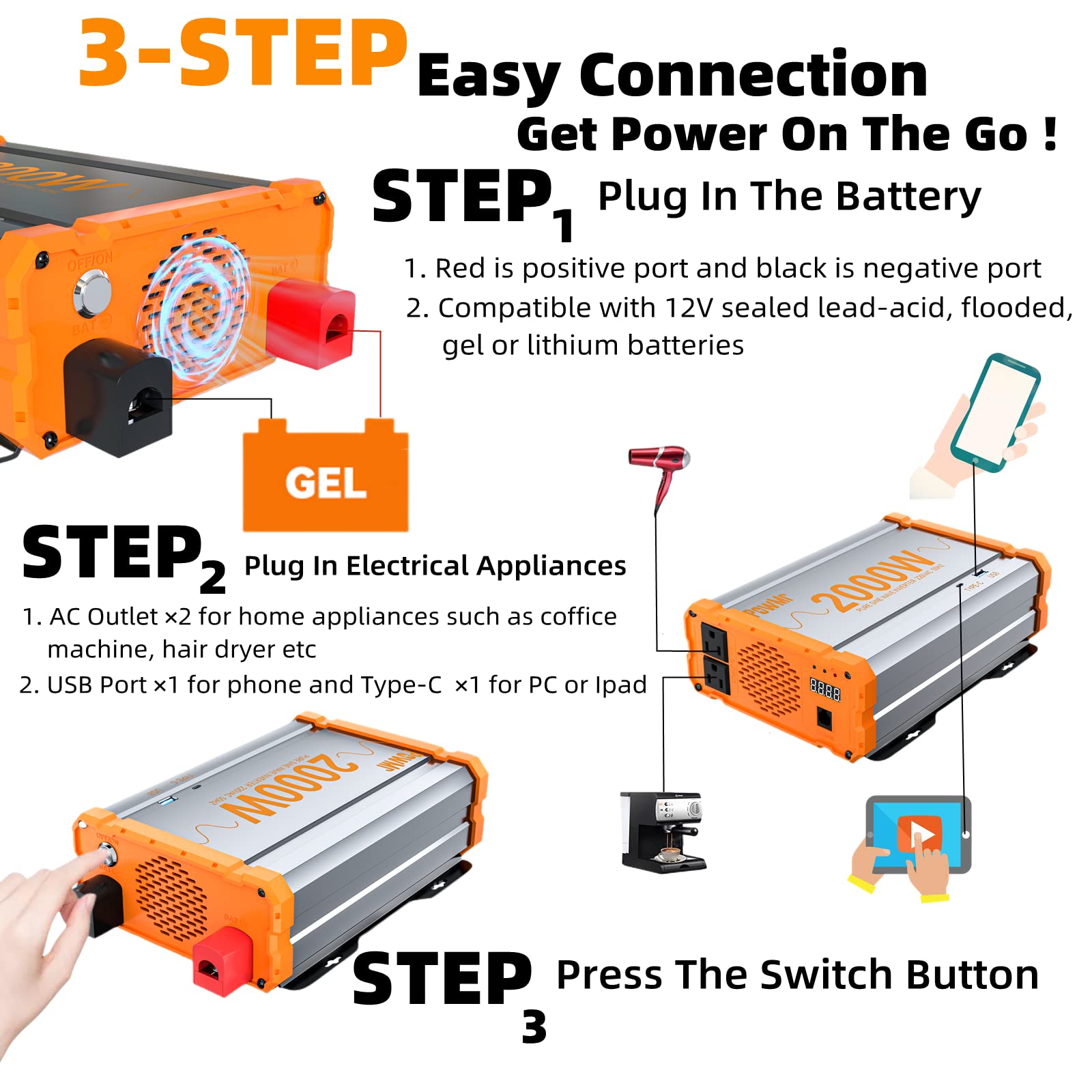 MPPT Solar Charge Controller 60A 12V/24V/36V/48V Auto 60 amp Charge Controller with 2000W Pure Sine Wave Inverter 12V DC to 110V AC Converter for Home RV Off-Grid for Lead Acid and Lithium Battery