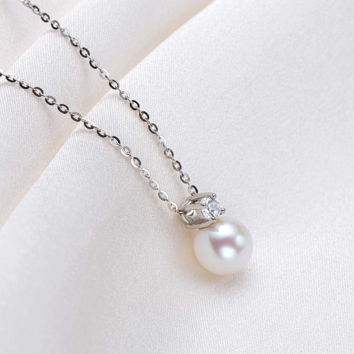 Pearl Necklace Single Freshwater White Pearl Pendant Sterling Silver Chain Jewelry Gift for Mom Mama Mother Day(Size:7.5-8mm)