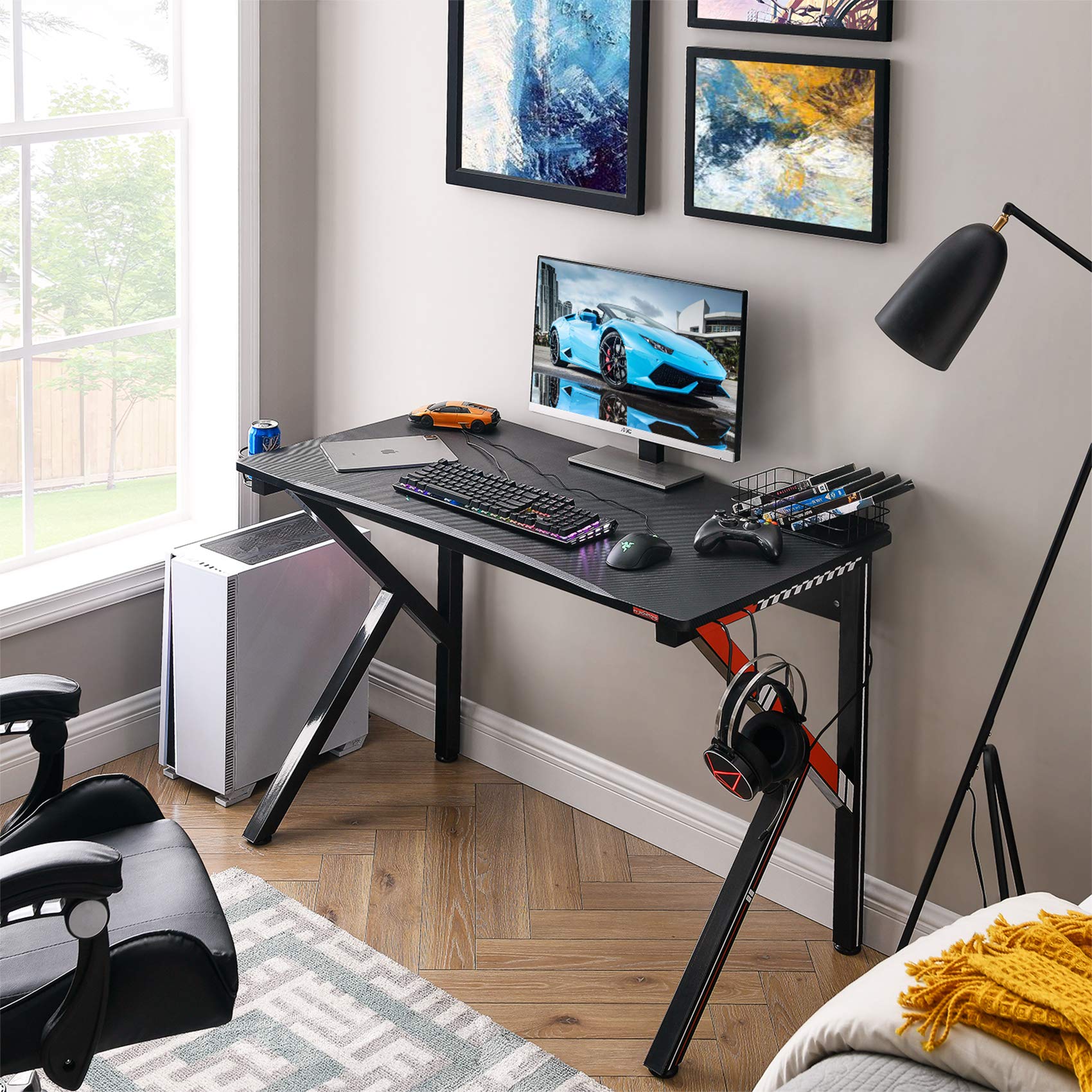 Mr IRONSTONE Gaming Desk 45.2" W x 23.6" D Home Office Computer Desk, Gamer Workstation with Socket of 3-Outlet & 2 USB Ports, Cup Holder, Headphone Hook and Cable Management (Red)
