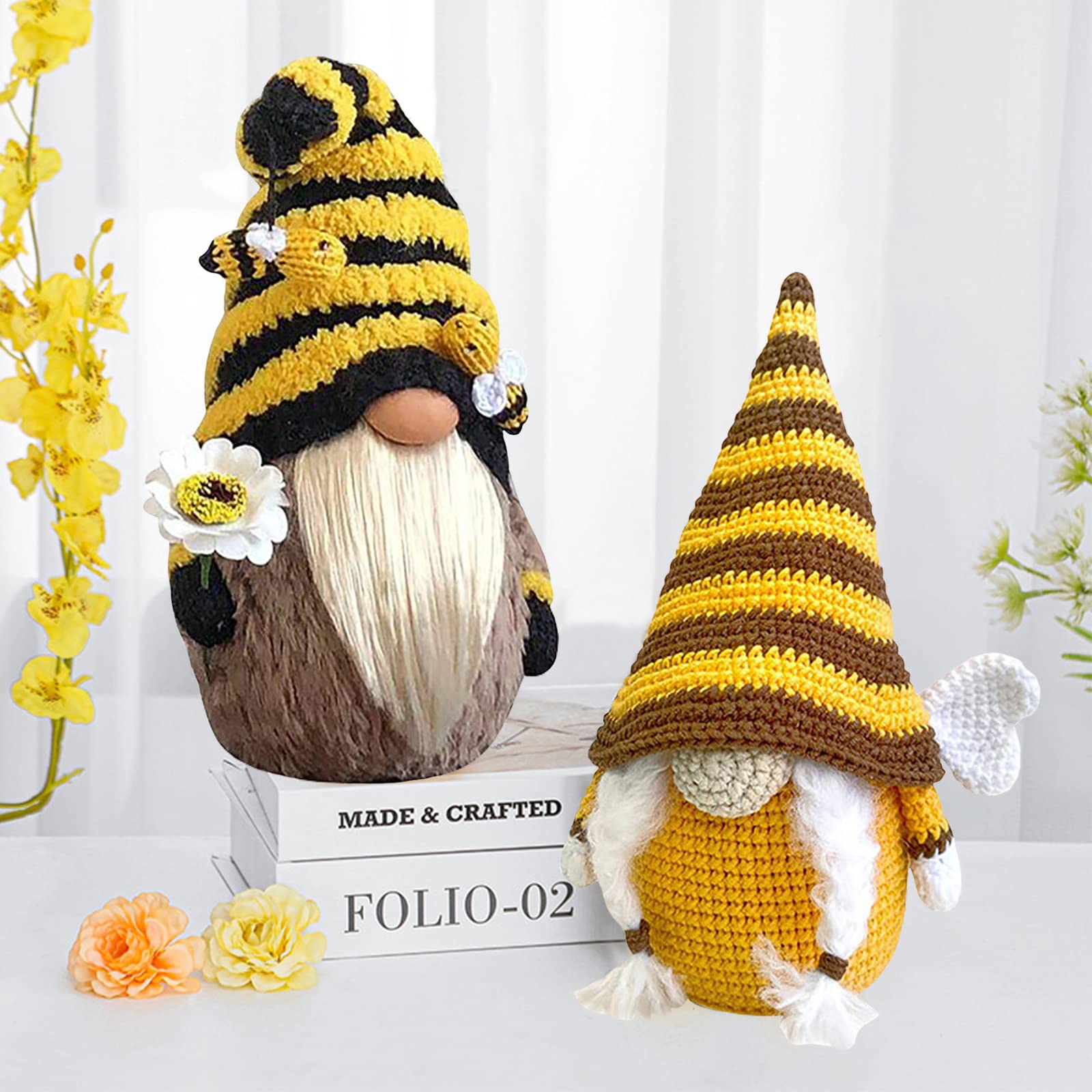 Sadaunbe 2 Pack Spring Summer Gnomes Plush Handmade Swedish Tomte Decorations Honey Bumble Bee Dwarf Figurine Elf Stuffed Doll Gift for Home Office Farmhouse Decor