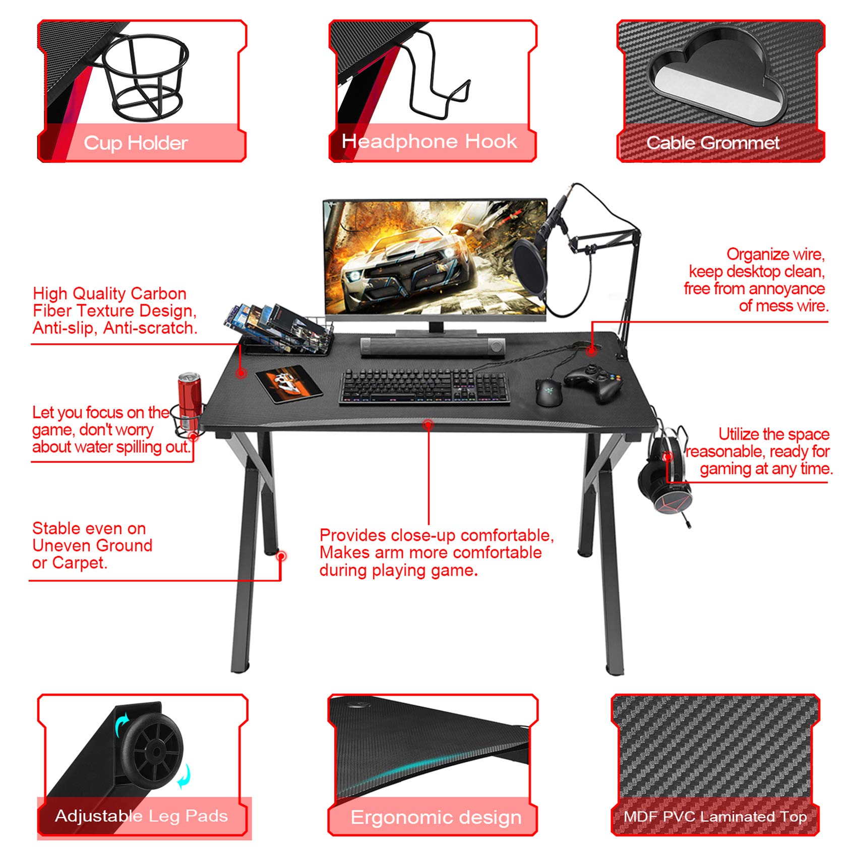 Mr IRONSTONE Gaming Desk 45.2" W x 23.6" D Home Office Computer Desk, Gamer Workstation with Socket of 3-Outlet & 2 USB Ports, Cup Holder, Headphone Hook and Cable Management (Red)