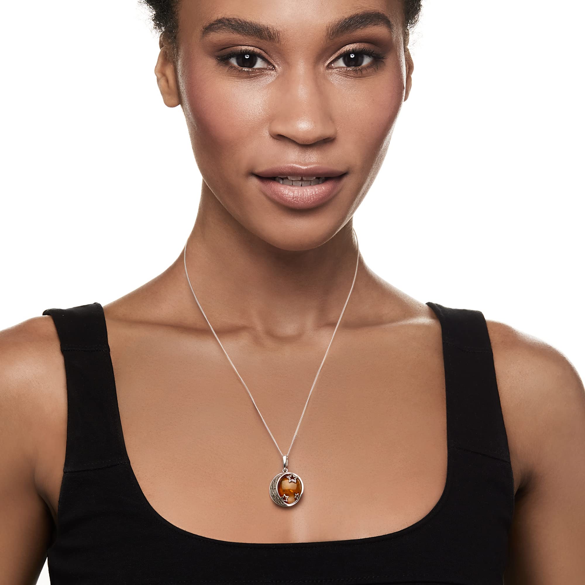 Ross-Simons Amber Moon and Stars Pendant Necklace in Sterling Silver. 18 inches