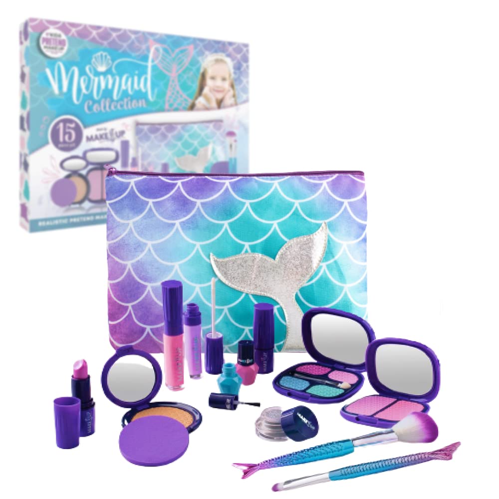 Mermaid Pretend Play Kids Makeup Kit I Toddler Girl Toys Make Up Set with Cosmetic Bag I Toddler Makeup Kit for Toddler Vanity I Pretend Makeup Kit for Girls Gifts Play Makeup Kit for 2 Year Old & Up