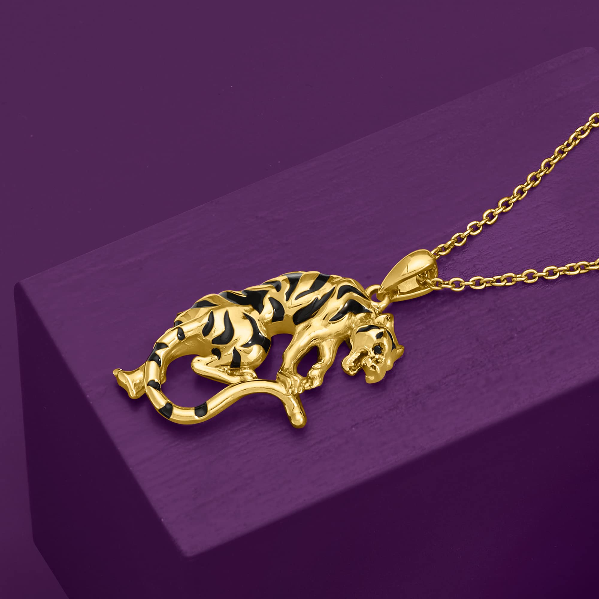 Ross-Simons Black Enamel Tiger Pendant Necklace in 18kt Gold Over Sterling. 18 inches