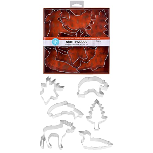 R&M International Northwoods Nature Cookie Cutters, Deer, Salmon, Loon, Bear, Tree, Moose, 6-Piece Set, Silver